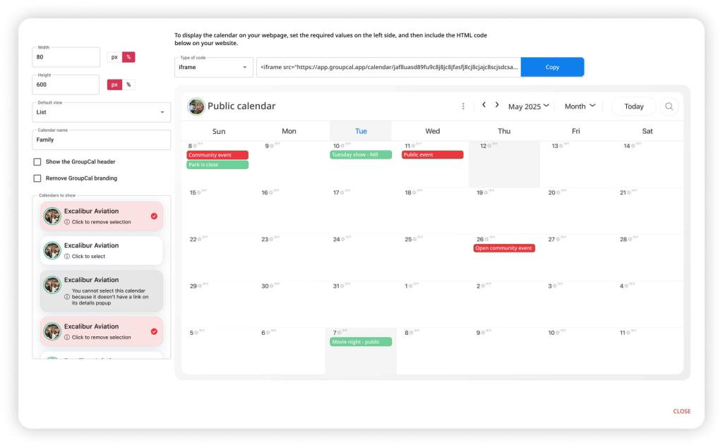 Embed a GroupCal Calendar in Your Website, WordPress and Wix